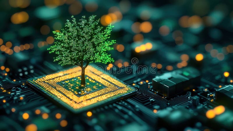 Digital Tree Growing on Microchip Green Tech AI Nature Sustainability ...
