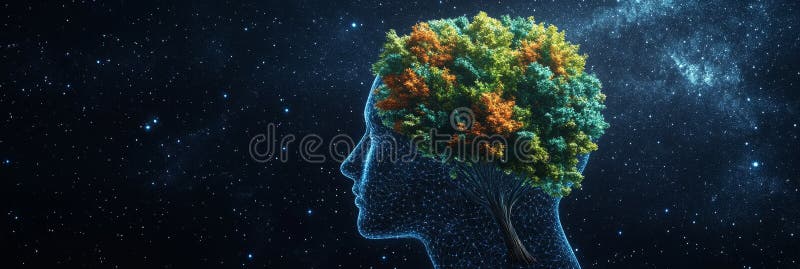 Digital Tree Head with Geometric Leaves on a Starry Background ...