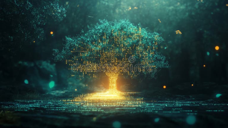 Digital Tree Illuminated with Binary Codes in Enchanted Forest Stock ...