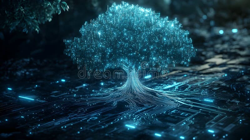 Digital Tree Illuminated with Neon Lights in Futuristic Cyberspace ...