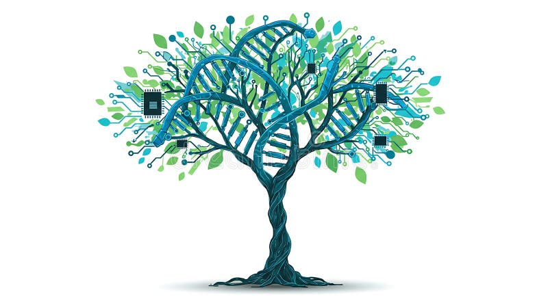 A Digital Tree Illustration Intertwines DNA Strands with Electronic ...