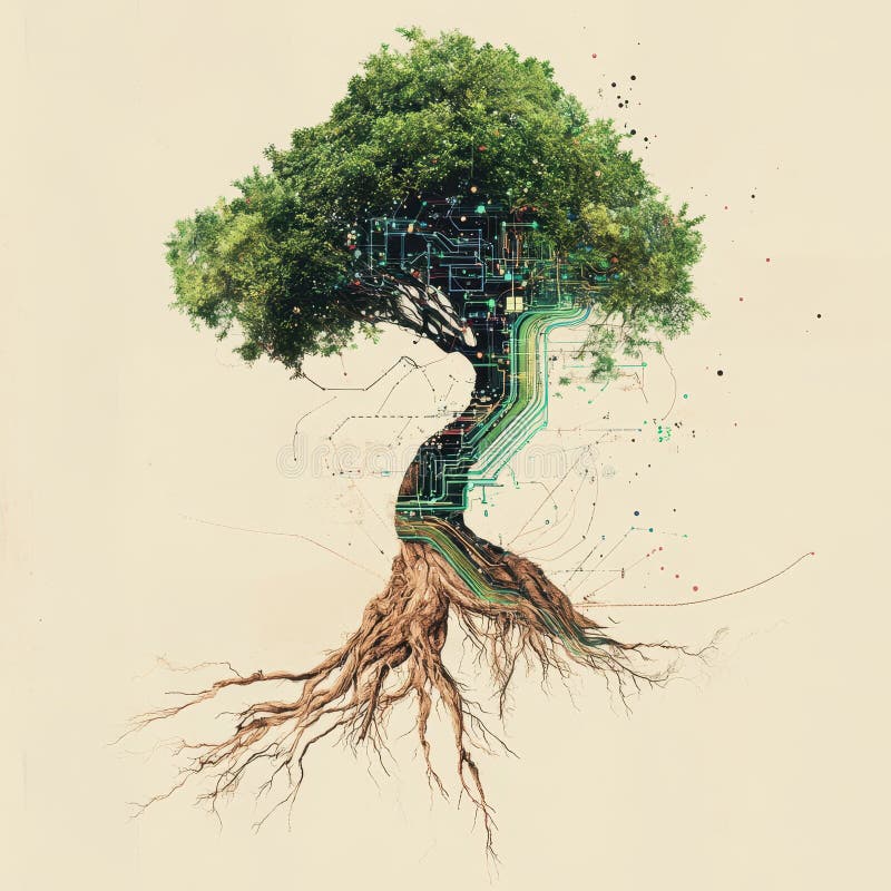Digital Tree Merging Technology with Nature Stock Image - Image of ...