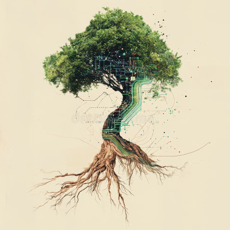 Digital Tree Merging Technology with Nature Stock Image - Image of ...