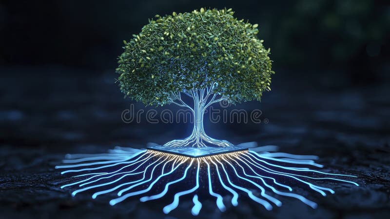 Digital Tree with Neon Roots Emerging from a Tech-Based Surface Stock ...