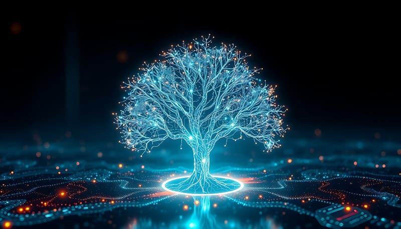 Digital Tree Network Glowing Blue Branches Orange Nodes Dark Background ...