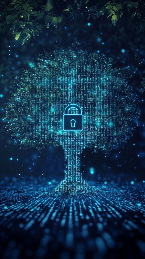 Digital Tree with Padlock Symbolizing Data Security and Protection ...