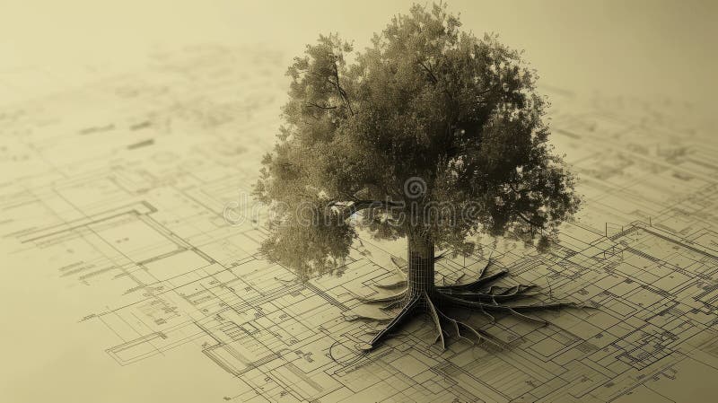 Digital Tree with Roots Extending into Blueprint in Sepia Tones Stock ...