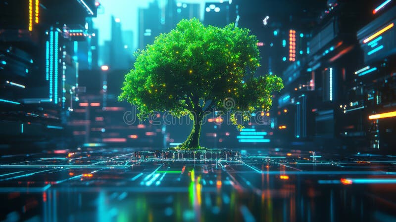 A Digital Tree Serves As a Symbol of Growth and Technology within a ...