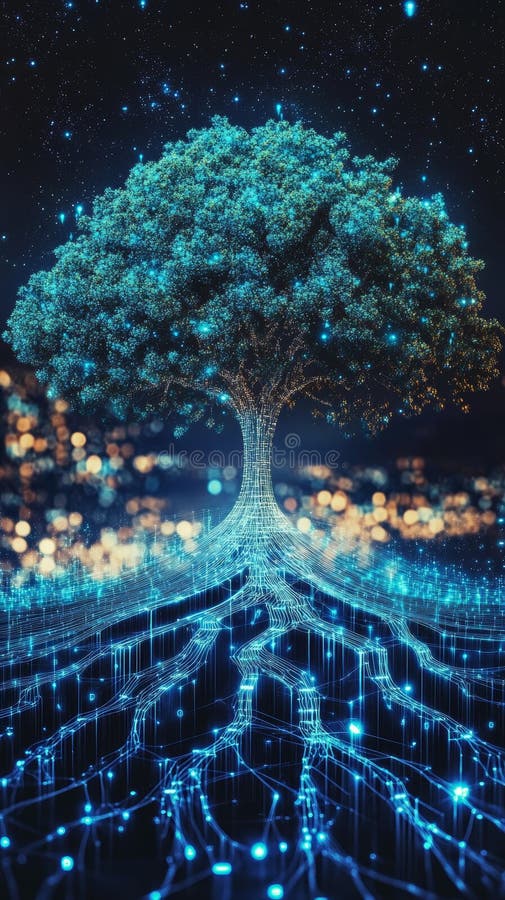 Digital Tree Structure with Glowing Roots and Abstract Background of ...