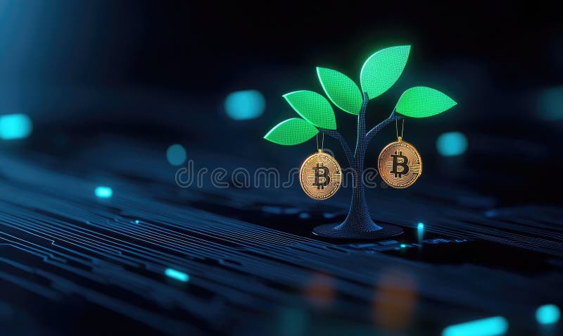 A Digital Tree Symbolizes Growth and Prosperity, Adorned with Bitcoin ...