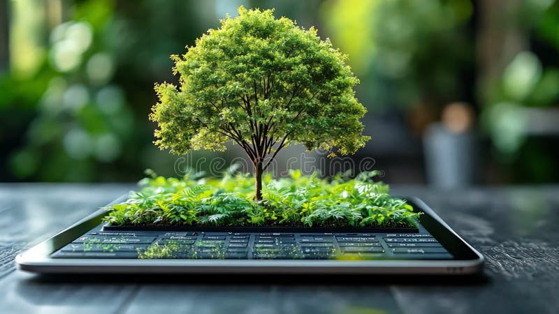 Digital Tree Symbolizing Growth and Nature Emerging from Laptop ...