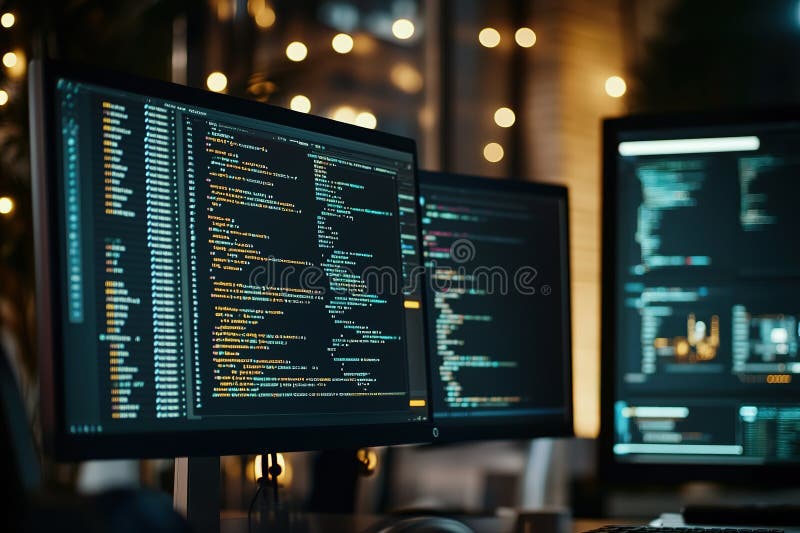 Digital Trinity: Close-up of Multiple Computer Screens Displaying the ...