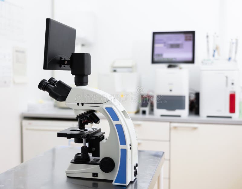 Digital Trinocular Microscope Standing on Table in Veterinary Clinic ...