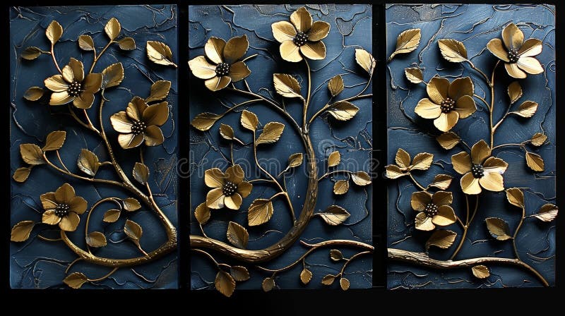Digital Triptych Artwork Featuring Gold Metallic Flowers and Branches ...