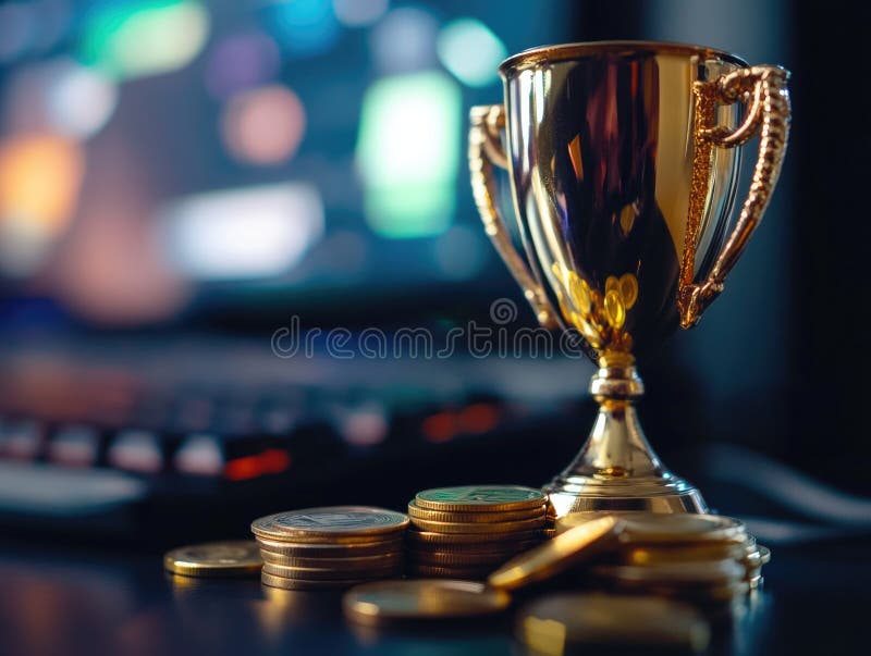 Digital Trophy with Coins and Computer Gear Stock Photo - Image of ...