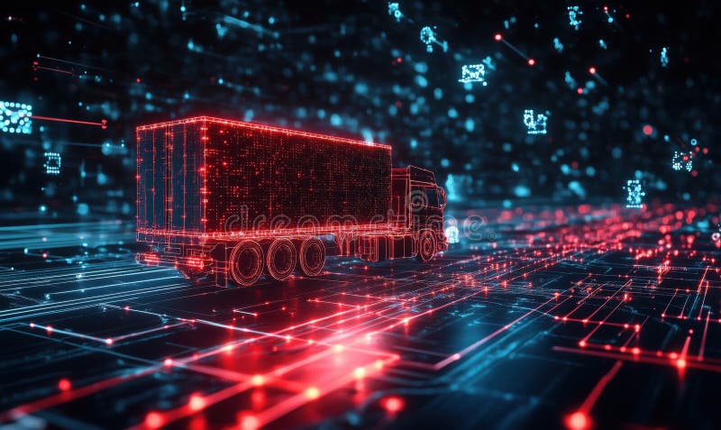 Digital Truck in Futuristic Environment, Glowing Lines and Data Streams ...