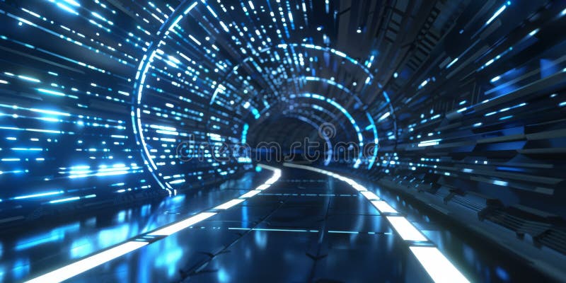 A Digital Tunnel with Blue Lights and Data Stream Effects Provides a ...
