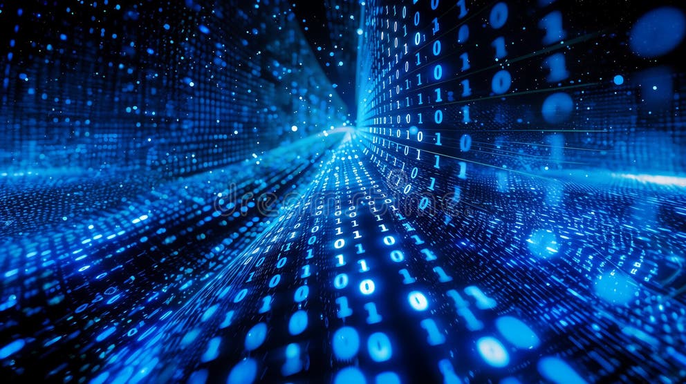 A Digital Tunnel Filled with Flowing Binary Code, Data Transmission and Advanced Technology ...