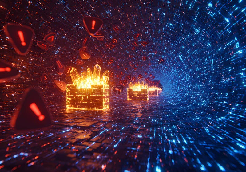 Digital Tunnel with Glowing Boxes and Alert Icons Abstract Technology ...