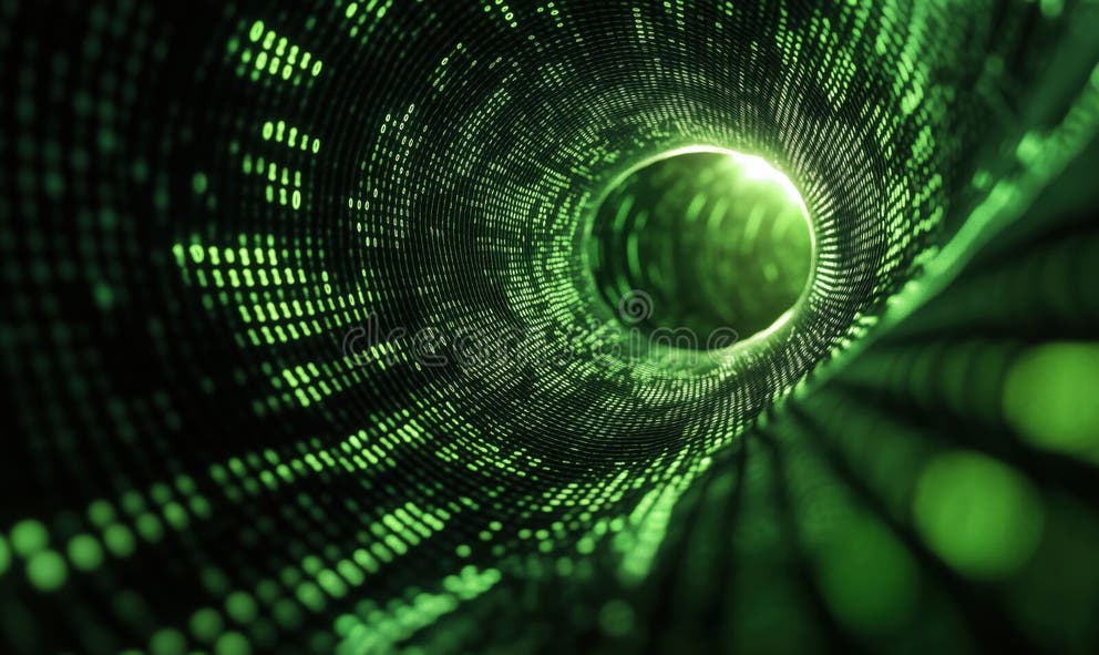 Digital Tunnel with Glowing Green Binary Code and Data Streams Stock Photo - Image of light ...
