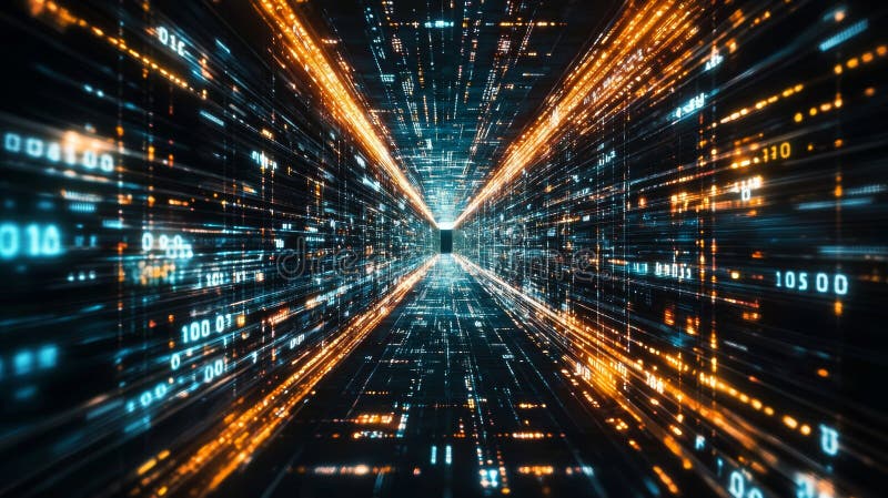 Digital Tunnel with Glowing Orange and Blue Binary Code Stock Photo ...