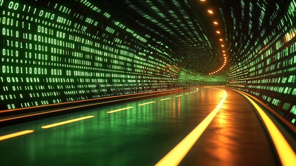 Digital Tunnel Road with Binary Code Background Stock Illustration ...