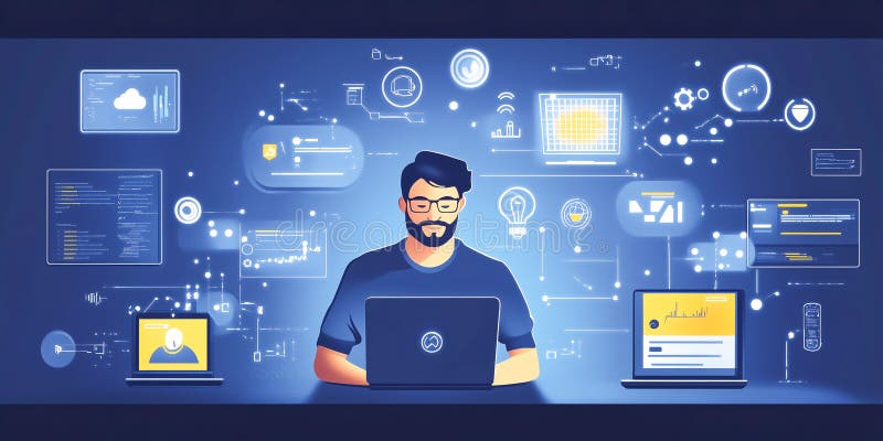Digital Twin Concept Illustrating a Programmer Developing Software in a ...