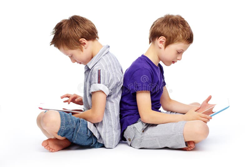 Two Happy Kids Using Touch Pad Computer Stock Photo - Image of ...