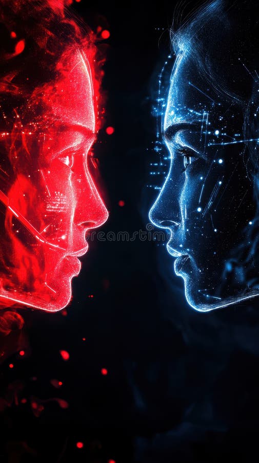 Digital Twins Concept with Red and Blue Faces in Profile, Glowing with ...