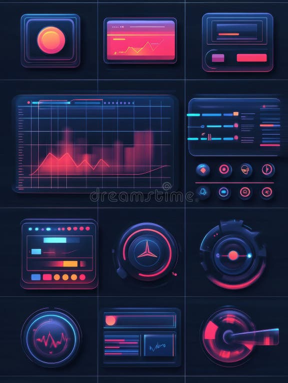 Digital UI Sticker Elements Including Buttons, Graphs, Cursors, and ...