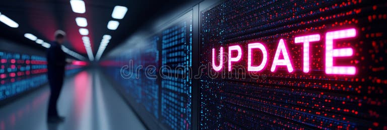 Digital Update in Progress a Blurred Figure Walks Past Glowing Servers ...