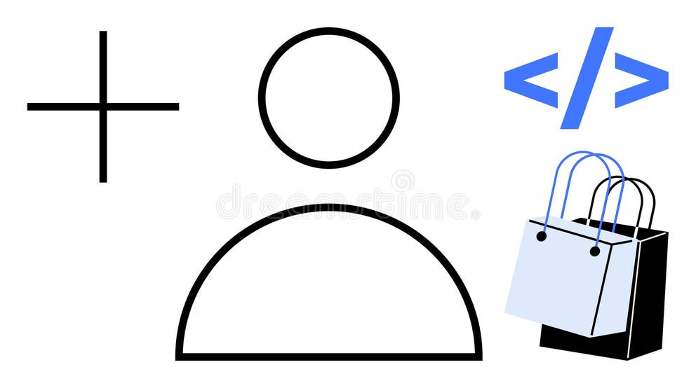 Digital User Profile with Coding and Online Shopping Icons in ...