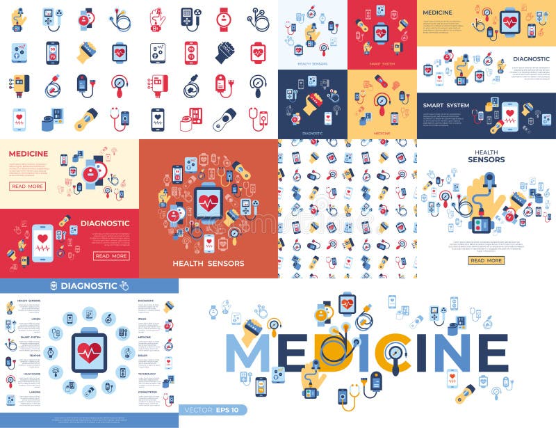 Digital Health Sensor Icons Set Stock Illustration - Illustration of ...