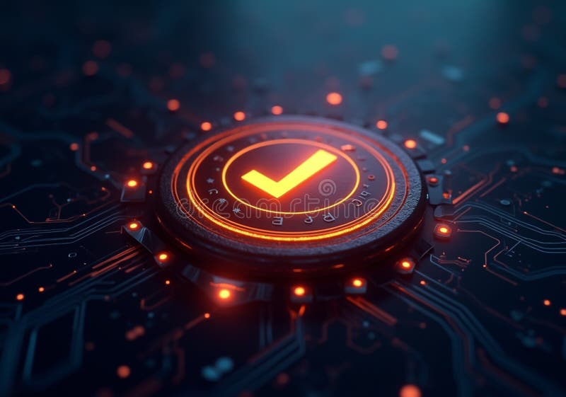 Digital Verification Icon on Futuristic Circuit Board Stock Photo ...