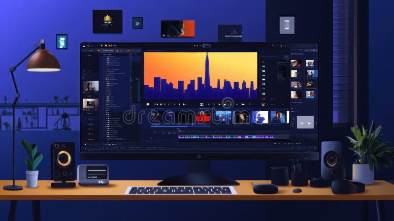 Video Editing Workspace with Cityscape View Stock Illustration ...