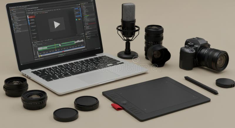 Digital Video Editing Workspace with Laptop, Camera, and Microphone ...