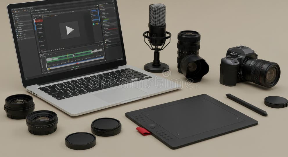 Digital Video Editing Workspace with Laptop, Camera, and Microphone ...