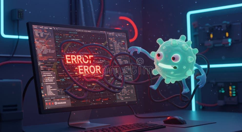 Digital Virus Attacking Computer System a 3D Cartoon Virus Attacks a Computer Screen Displaying ...