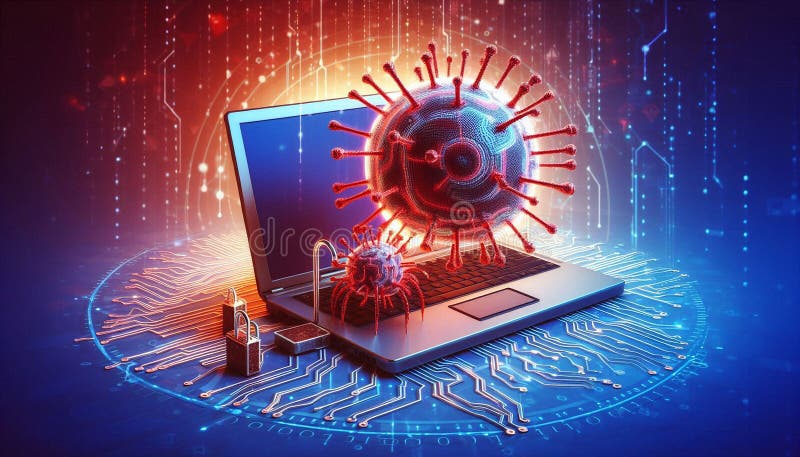 Digital Virus Concept on Laptop with Malware Visuals Stock Illustration ...