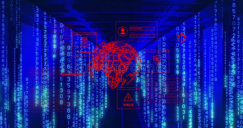 Digital Virus Warning Animation Over Data Center with Binary Code and World Map Stock Video ...