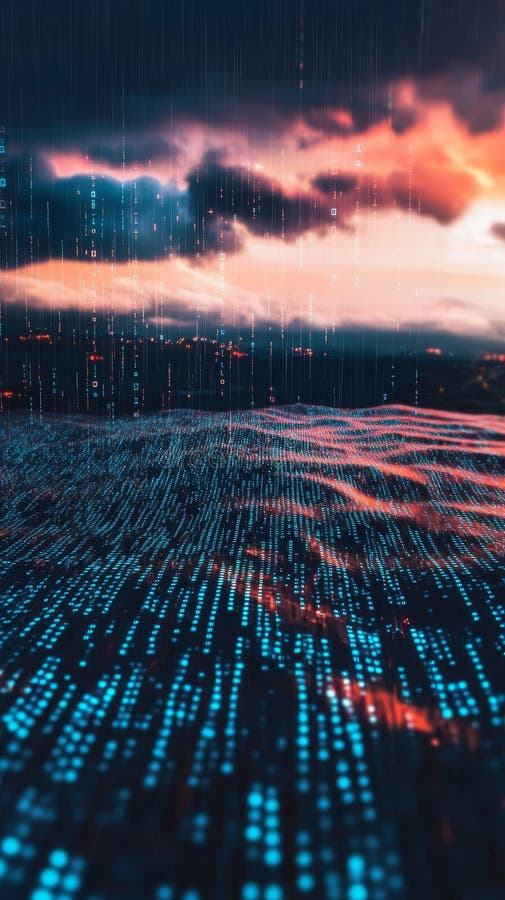 Digital Visualization of Abstract Data Flow Over a Scenic Horizon Stock ...