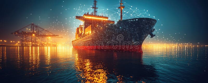 Digital Visualization of a Cargo Ship Illuminated at Night on Open ...