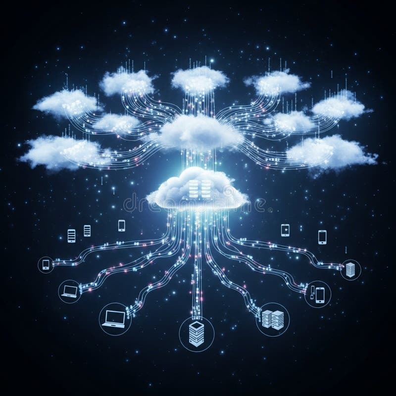Digital Visualization of Cloud Computing. Multiple Clouds are Interconnected with Data Stock ...