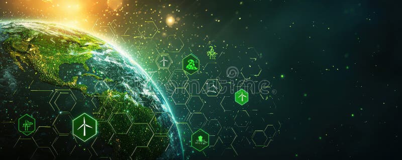 Digital Visualization of Earth with Green Futuristic Technology Symbols ...