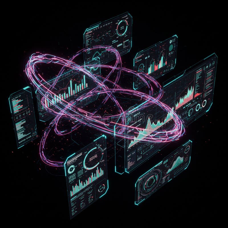 Digital Visualization Featuring a Futuristic Interface with Holographic Displays. Several Stock ...