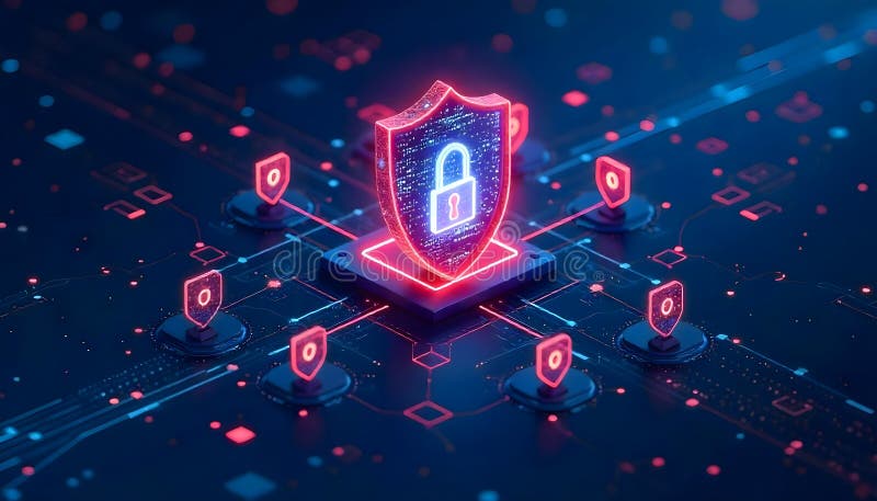 Digital Visualization Featuring a Neon Shield with a Padlock Symbol ...