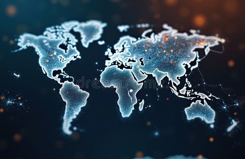 Digital Visualization of Global Network Connection. World Map with Glowing Lines, Nodes ...