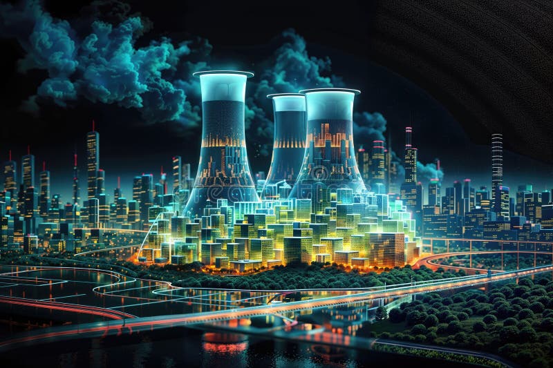 Digital Visualization: Nuclear Power Plant with City Lights in the ...