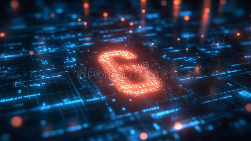 Digital Visualization of the Number Six in Glowing Orange Against a ...