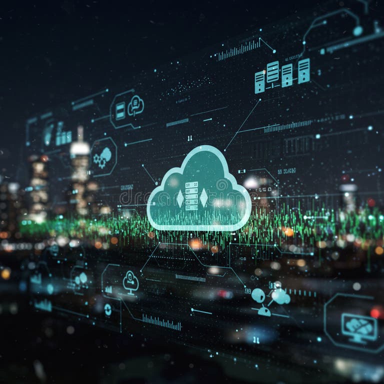 A Digital Visualization Representing Cloud Computing Infrastructure Overlays a Blurred Stock ...